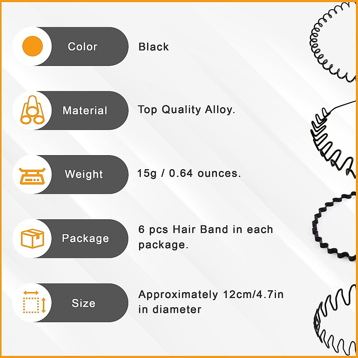 KAC Pack of 6 Unisex Wavy hair bands Non Slip Metal Head Bands for Sports, Outdoor and Yoga, Black, 6 Piece Set