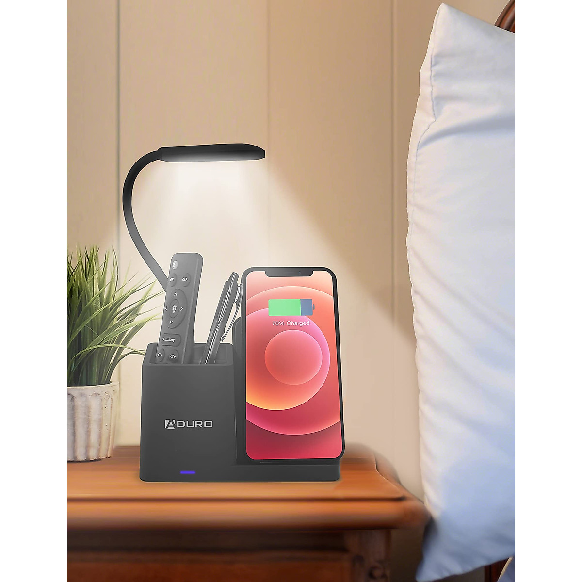Aduro U-Light LED Desk Lamp Organizer Desk Light with Pen Holder & QI Wireless Charger Stand Black