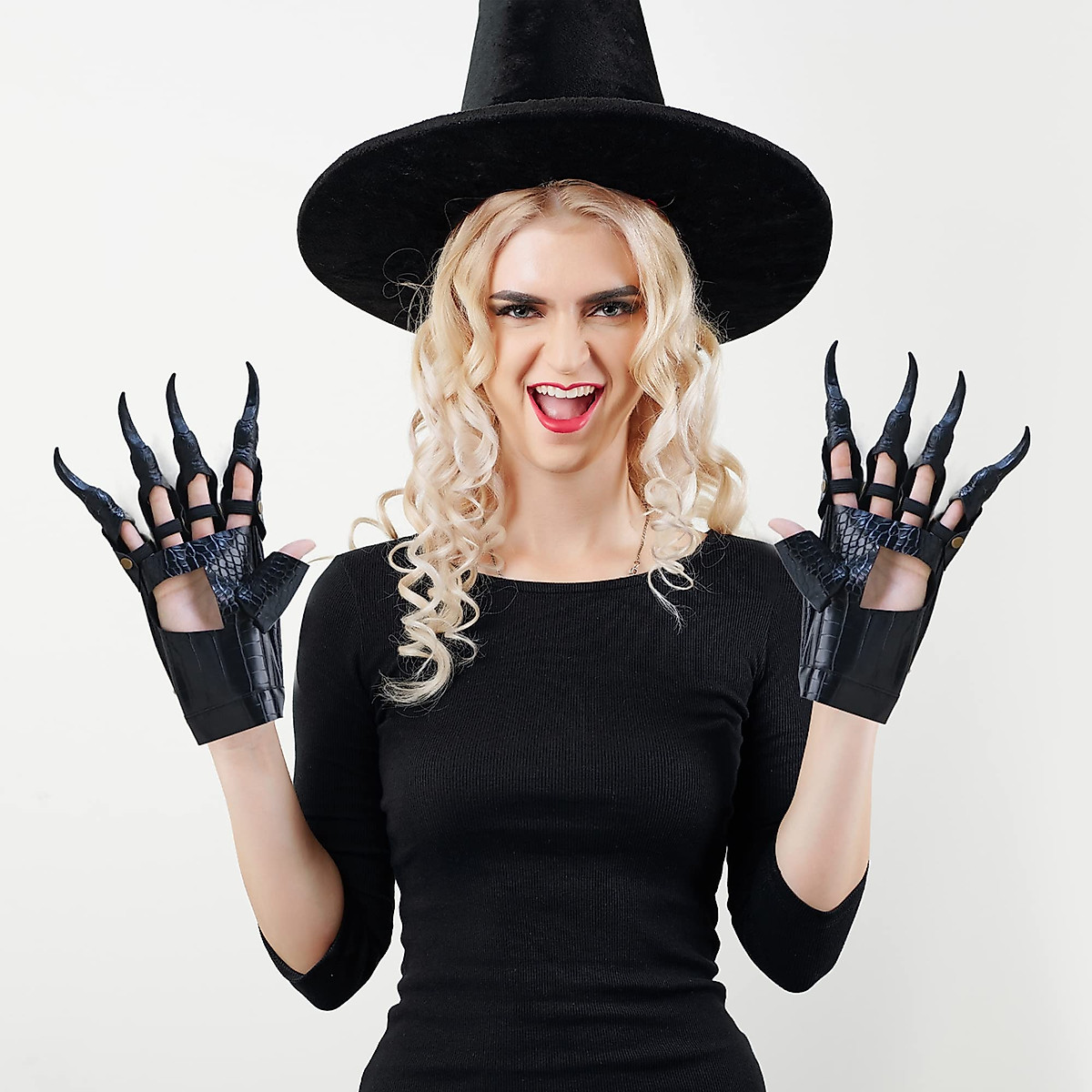 Skeleteen Faux Leather Claw Gloves - Black Lizard Skin Scary Costume Leather Hand Glove Animal Claws for Women and Kids