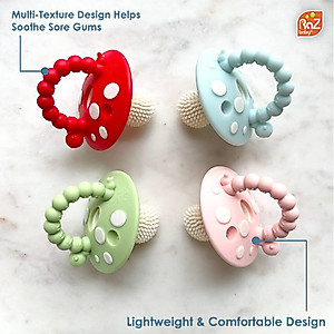 RaZbaby Chompy Teether for Infant & Baby 3M+ Teether Toy with Massaging Bristles for Teething Relief Pacifier - Soothes Sore Gums - Hands-Free & Easy-to-Hold Teether, BPA Free - RED/Pink