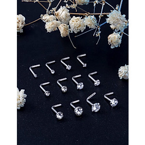 Uzgtvy 20G Nose Rings Studs for Women 316l Stainless Surgical Steel Silver L Shaped Bend Hypoerallgenic Diamond Nose Nostril Ring Body Piercing Jewelry for Women Men 1.5mm 2mm 2.5mm 3mm 3.5mm 4mm