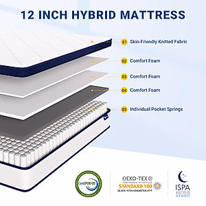 Avenco King Size Mattress, 12 Inch King Mattresses in a Box, Hybrid Spring Mattresses with Comfort Foam and Pocket Coils for Pressure Relief & Motion Isolation