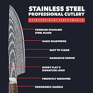 GreenPan x Bobby Flay 13 Piece Stainless Steel Cutlery Kitchen Knife Block Set, Premium Stainless Steel Blades, Acacia Wood Knife Block, Hand Finished Wood Handle, Damascus Steel Design