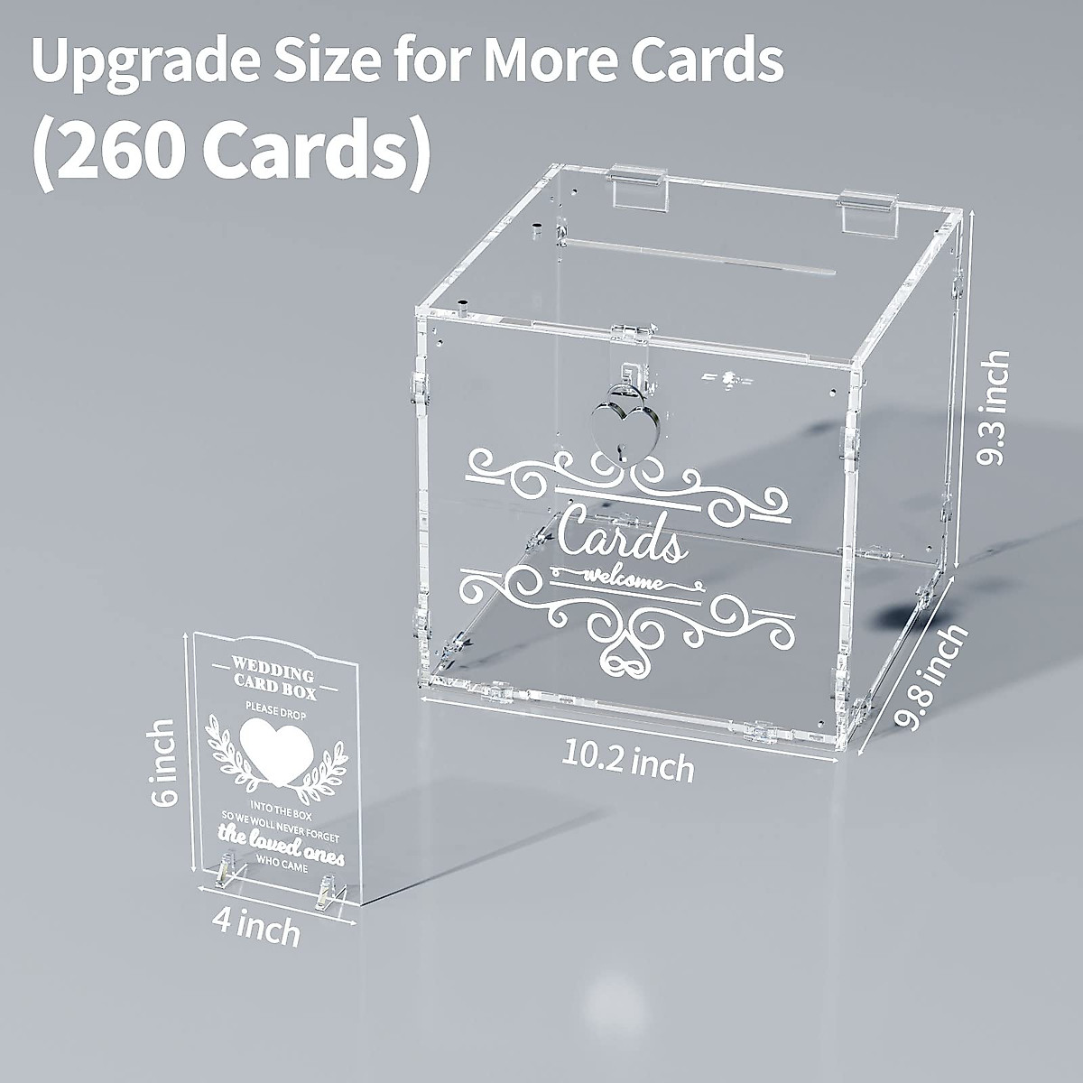 FEMELI Acrylic Wedding Cards Box with Slot & Lock, 10x9.6x9.3in Large Clear Gift Letter Envelope Card with Sign/ 2 Keys/ light for Reception Anniversary Birthday Party Baby Shower Decorations