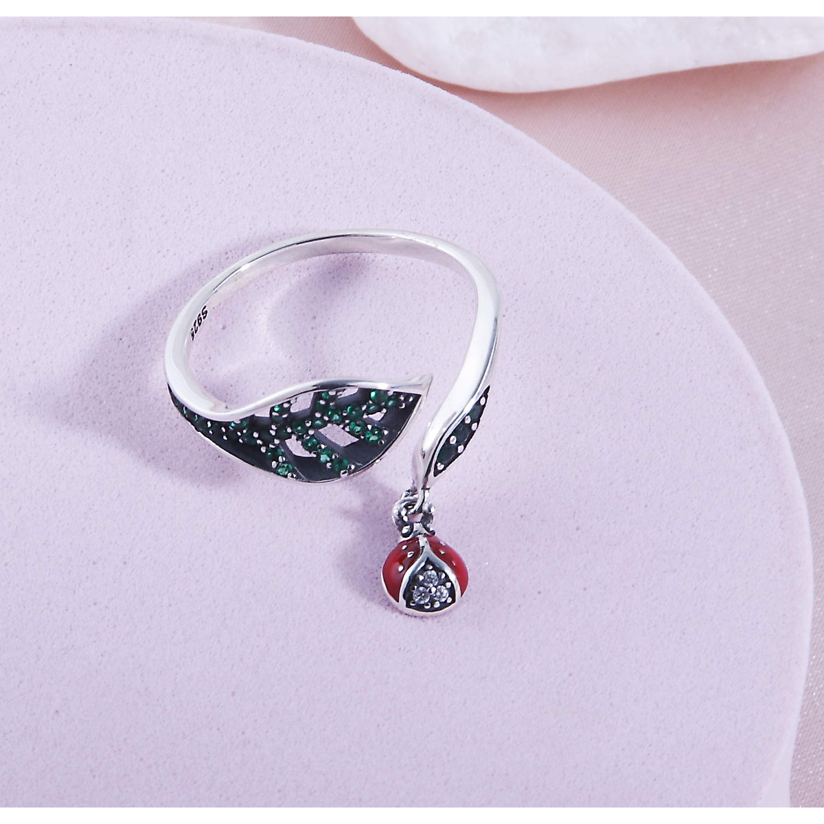 Helen de Lete Ladybug on Tree Leaf S925 Sterling Silver Adjustable Ring