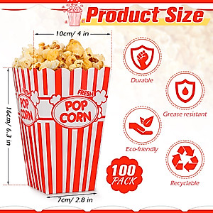 100 Pcs Popcorn Boxes Classic Red White Stripe Paper Popcorn Buckets Disposable Oil Proof Popcorn Container Retro Open Top Popcorn Holders for Movie Night Supplies Theaters Carnival Birthday Party