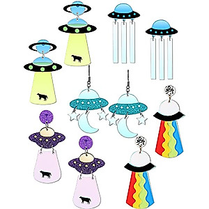MTLEE 5 Pairs UFO Aliens Acrylic Earrings Cosmos Weird Earrings Women Novelty Fun Earrings Halloween Alien Earrings Glitter Space Earrings Cute Dangle Earrings for Girls, Multiple Colors