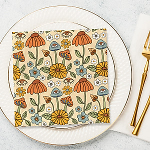 AnyDesign 80Pcs Boho Floral Paper Napkins Disposable Mushroom Flower Eyes Luncheon Napkins Retro Hippie Dessert Dinner Hand Napkin for Birthday Wedding Bridal Shower Tea Party, 6.5 x 6.5 Inch
