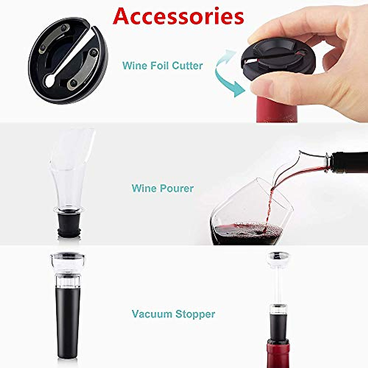 Abuzhen Electric Wine Opener, with Foil Cutter, Vacuum Stopper and Wine Aerator Pourer & USB Charging Cable,Automatic Corkscrew Bottle Opener for Wine Lover 4-in-1 Gift Set, Stainless Steel