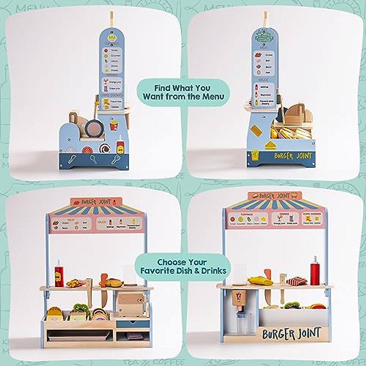 ROBOTIME Wooden Pretend Play Food Set for Kids, Hamburger Set Shop with Sandwich Counter Toys, Play Kitchen Food Toys for Toddlers Ages 3+