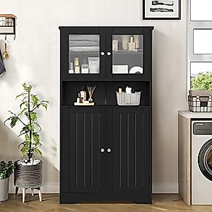 Iwell Bathroom Cabinet, Bathroom Storage Cabinet with Doors, Storage Cabinet with Open Shelf, Cupboard for Living Room, Home Office, Black