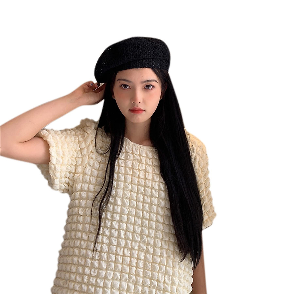 Women Lace Lightweight Beret Floral Hollow Out Hat Breathable French Beret Beanie Hat Cap for Spring Summer, Black