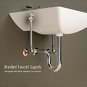 Highcraft CNCT27116-OM-2 Braided Faucet Connector 16" Long, 1/2" IPS Brass Nut X 3/8 Female Fitting, Stainless Steel Lead-Free, 2 Pack