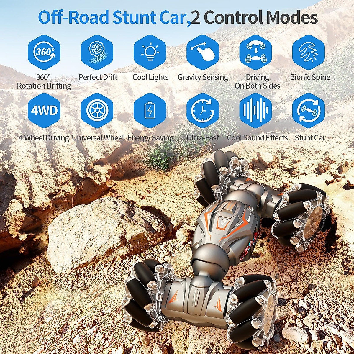 Deejoy 1:12 RC Stunt Car, 2.4GHz 4WD Remote Control Gesture Sensor Toy Cars, Double Sided Rotating Off Road Vehicle 360° Flips with Lights Music, for Boys & Girls Birthday（Black Silver）