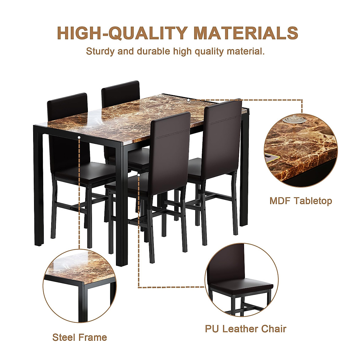 DKLGG Dining Table Set for 4, Modern Kitchen Table and Chairs Set with 4 PU Leather Chairs, Space-Saving Dinette Dining Room Table Set for Small Space Home Kitchen, Restaurant, Brown+Dark Brown