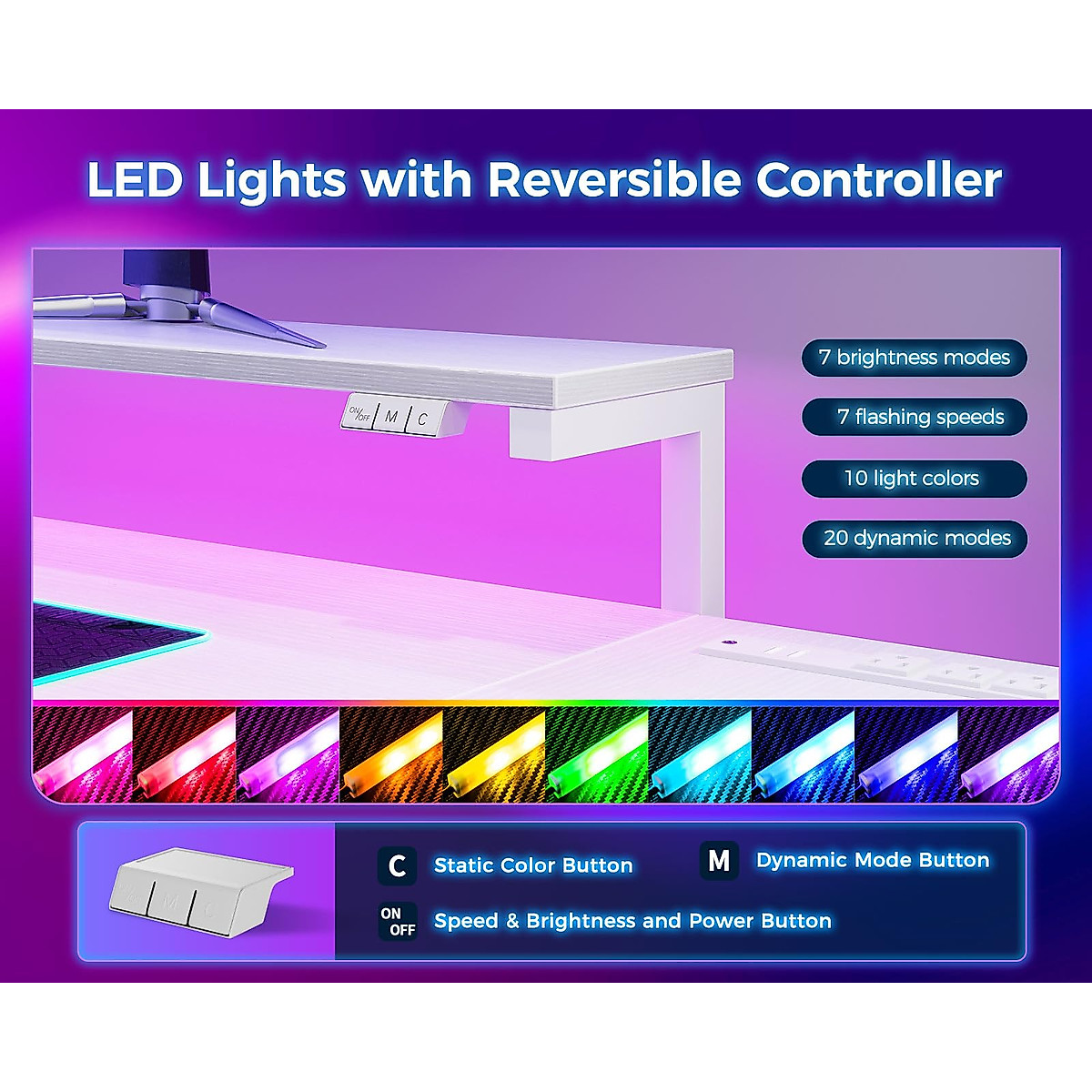 MOTPK White L Shaped Gaming Desk with Power Outlet, Reversible Computer Desk with Height Adjustable Monitor Stand, Coner Desk 43inch with LED Lights, Home Office Desk