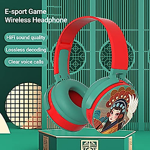 Bluetooth-Compatible Headphone Support Card Playback Over Ear Chinese Opera Print Bluetooth-Compatible Sport Gaming Headphone for Running Green