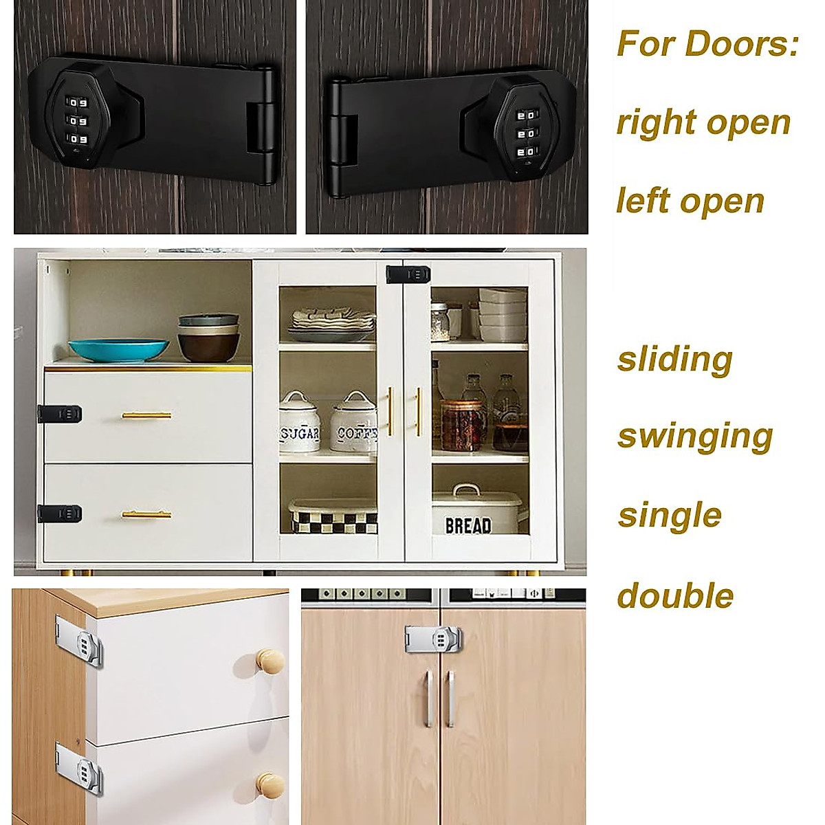 ETEKJOY Cabinet Lock Keyless 3-Digit Password Combination Code Hasp Latch Lock Twist Knob Wooden Drawer Cupboard (Black, 4 inch)