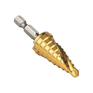 Klein Tools 25963 Step Drill Bit, 1/4 to 3/4-Inch, Spiral Double-Fluted, Cuts Thin Metal, Plastic, Aluminum, Wood, 1/4-Inch Hex Shank, VACO