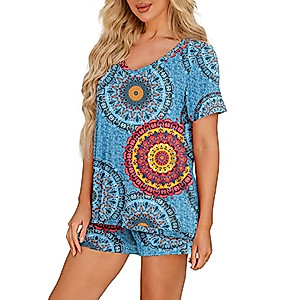 PrinStory Women's Pajama Set Short Sleeve Shirt and Shorts Sleepwear Pjs Sets with Pockets FP-Mix Blue-Small