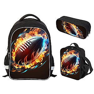 RTBBCKS Boys Backpack American Football Pattern with Lunch Box, Set of 3 for Kids To School