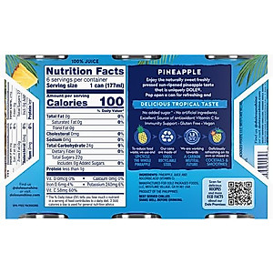 Dole 100% Pineapple Juice, No Added Sugar, Excellent Source of Vitamin C, 100% Fruit Juice, 6 Fl Oz (Pack of 6), Packaging May Vary