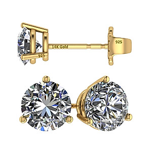 Central Diamond Center 14K Gold Post & Sterling Silver Zirconia 3 Prong Martini Stud Earrings- Yellow Gold Plated 6.50mm 2.00ctw