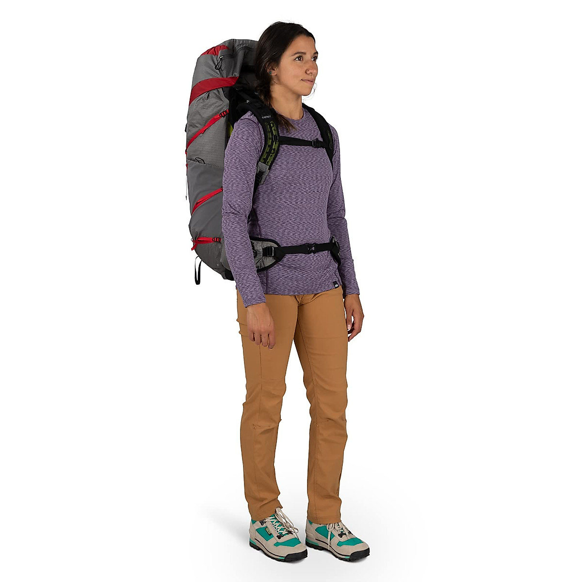 Osprey Eja Pro 55L Women's Backpacking Backpack, Dale Grey/Poinsettia Red, WXS/S