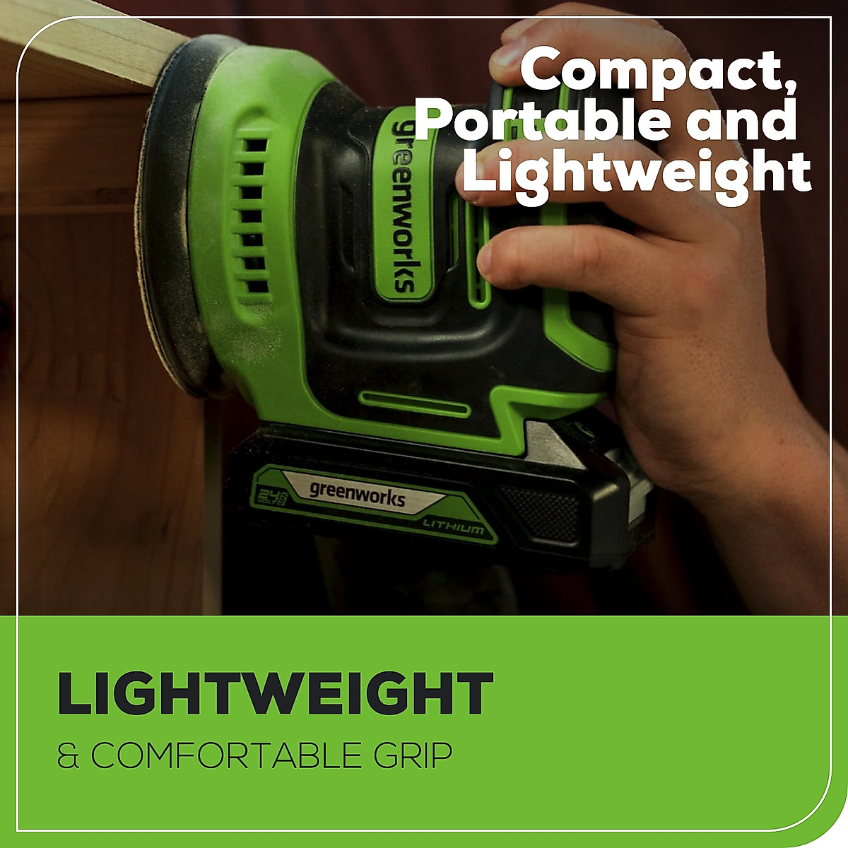 Greenworks 24V Cordless Orbital Sander, 5" Random Sanders Variable Speed, 11000 OPM, 3 Sandpaper Sheets, with 2Ah Battery and Charger