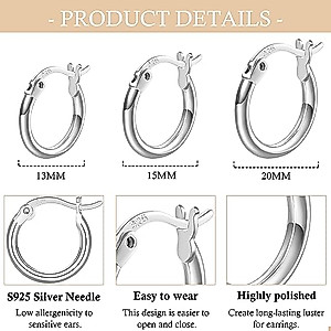 3 Pairs 925 Sterling Silver Hoop Earrings | Small White Gold Plated Hoop Earrings for Women (13mm, 15mm, 20mm)