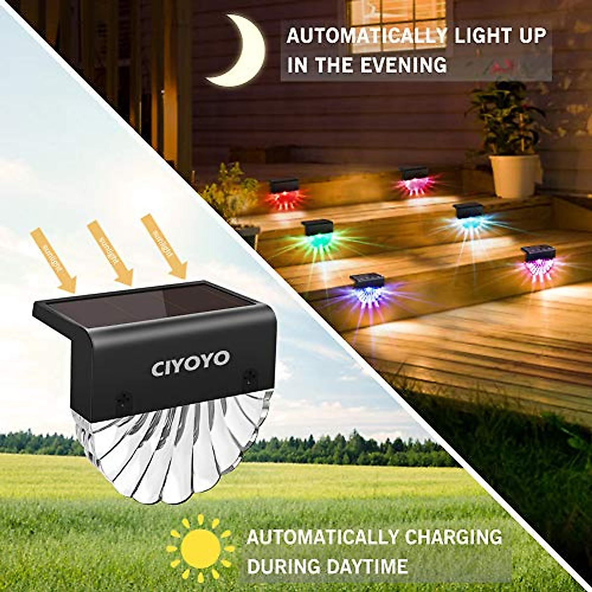 CIYOYO Solar Deck Lights Outdoor - 8 Pack Solar Step Light Waterproof Solar Fence Lights for Patio Stairs Post Pathway Porch Driveway Garden Decor, Warm White/LED Color Glow