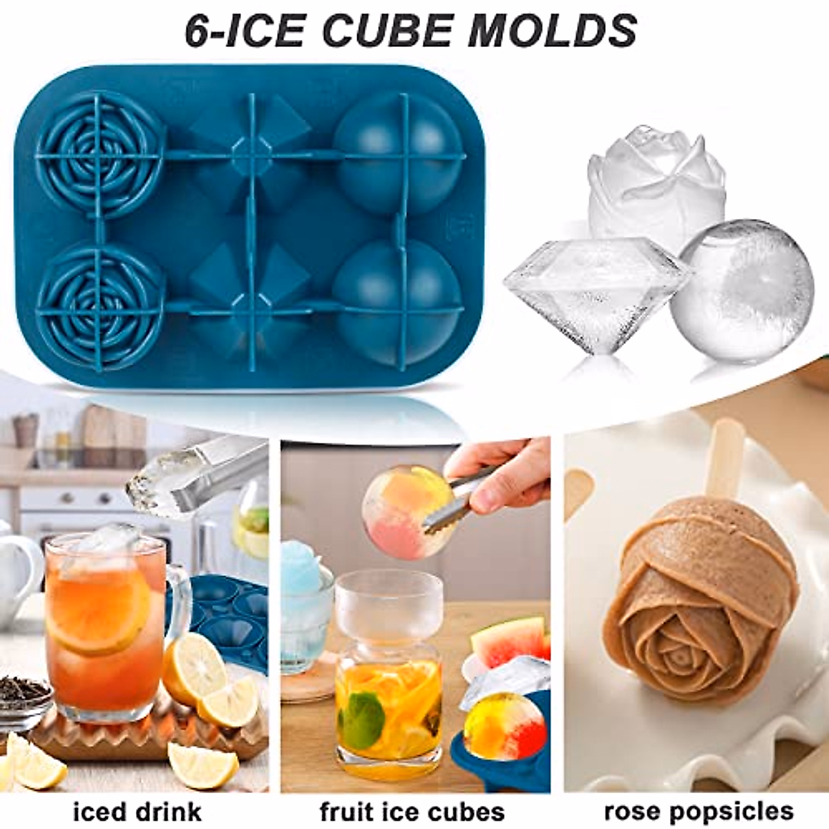 Ice Cube Tray, Mikiwon 2.2 inch Silicone Large Ice Ball Maker,Ice Rose Maker,Ice Diamond Maker With Covers,Large Ice Cube Molds for Whiskey, Cocktails and Homemade, Keep Drinks Chilled,BPA Free