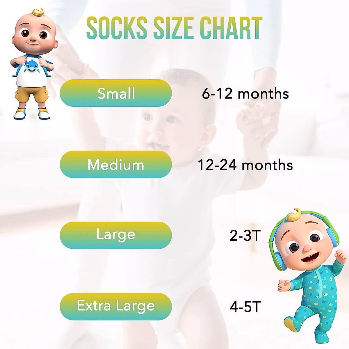 Accessory Supply Cocomelon Socks, 10-Pack Kids Socks for 6-24 Months & 2T-5T, Socks with Grips for Kids