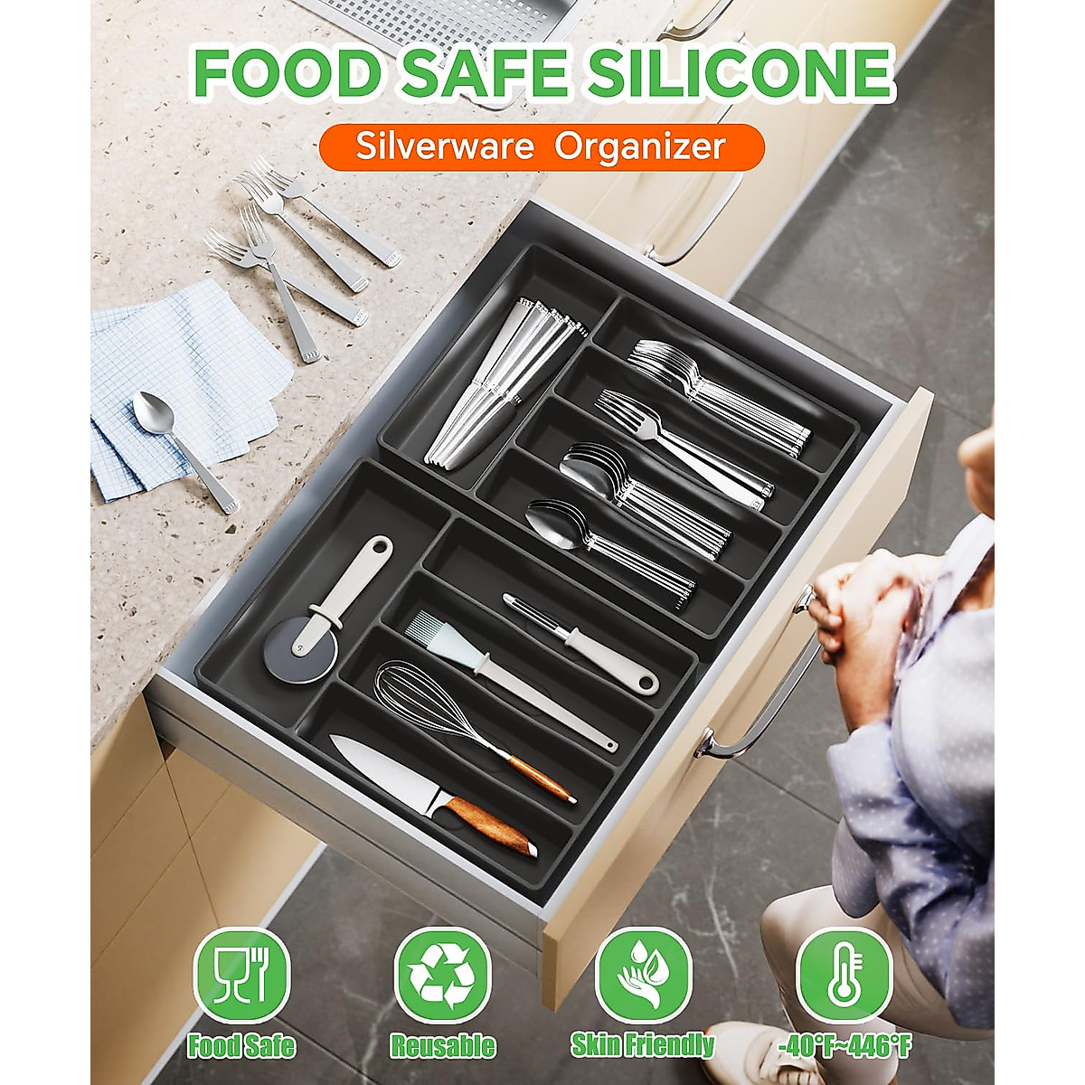 EUHOME Silicone Silverware Drawer Organizer Tray