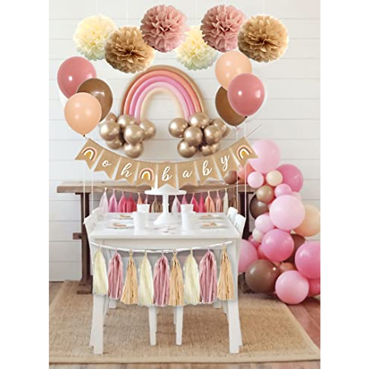 40 Pack Boho Rainbow Baby Shower Gender Neutral Party Oh Baby Burlap Banner Tissue Tassel Garland Pom Poms Dusty Rose Pink Mauve Nude Brown Balloons Backdrop Nursery Classroom Wedding Decoration