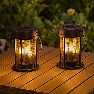 Solar Garden Lanterns Outdoor Hanging Flickering Candle Lights with Raindrop Decorative Mission Lights for Patio Decor, Yard, Table, Pathway 2 Pack