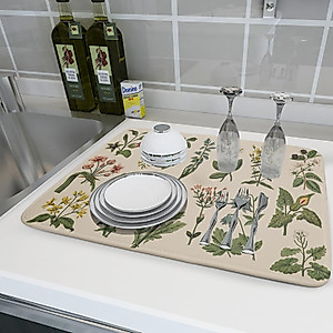 Flower Herbs Dish Drying Mat for Kitchen Counter Decor 18x24 Inch Absorbent Reversible Wild Plant Dish Mat Microfiber Drying Pad Sage Leaves Dish Drainer Rack Mats for Coffee Bar…
