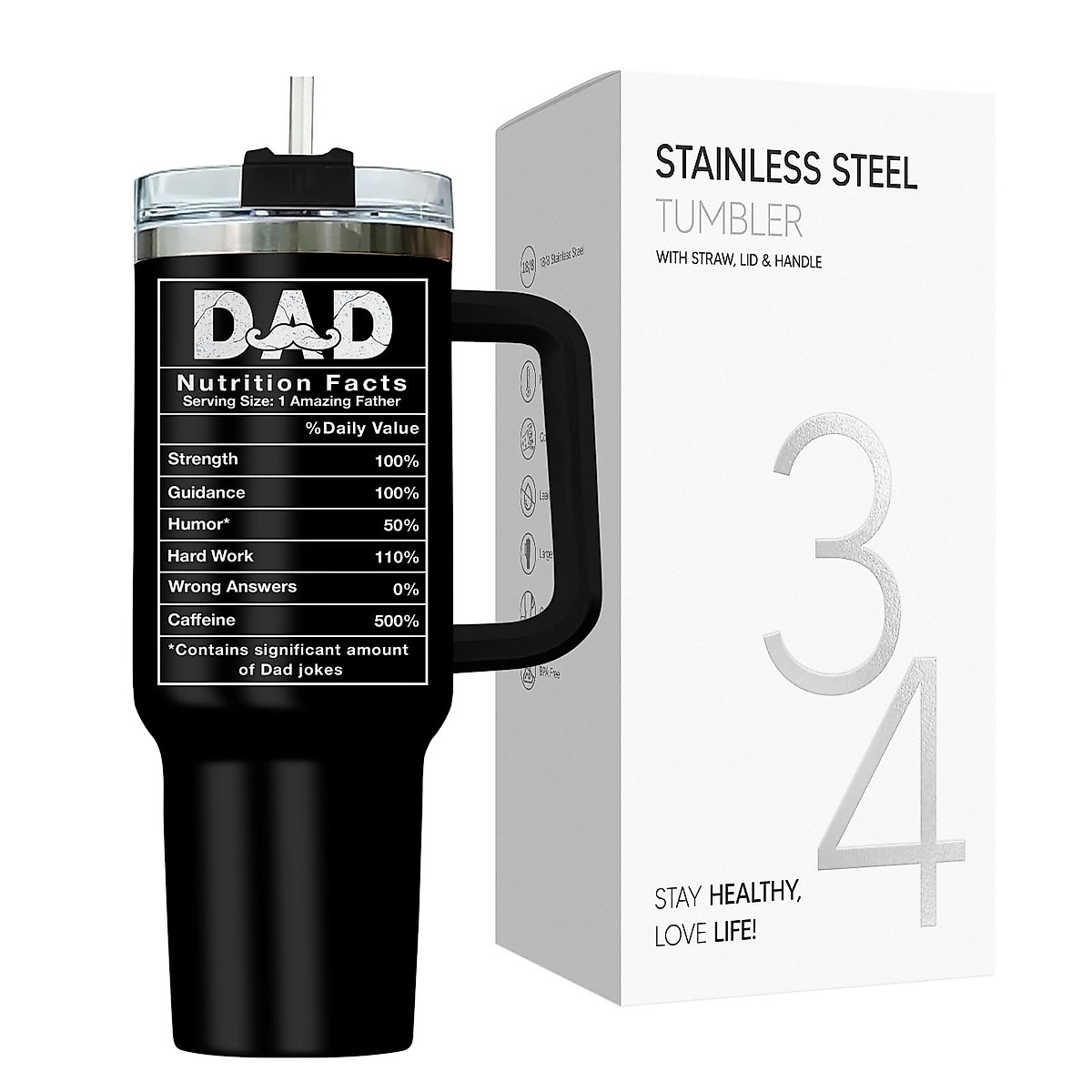 34HD Funny Dad Tumbler with Handle & Straw, 40oz Stainless Steel Vacuum Insulated Men Jokes Coffee Mug with Lid, Birthday Christmas Father Day Gifts for New Papa Bonus Dad Husband Grandpa