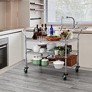 Finnhomy 3-Tier Commercial Grade Rolling Cart, Heavy Duty Utility Cart, Carts with Wheels and Handles, Kitchen Cart on Wheels, Metal Serving Cart with 600 lbs Capacity, Shelf Size 24" D x 40" W, NSF