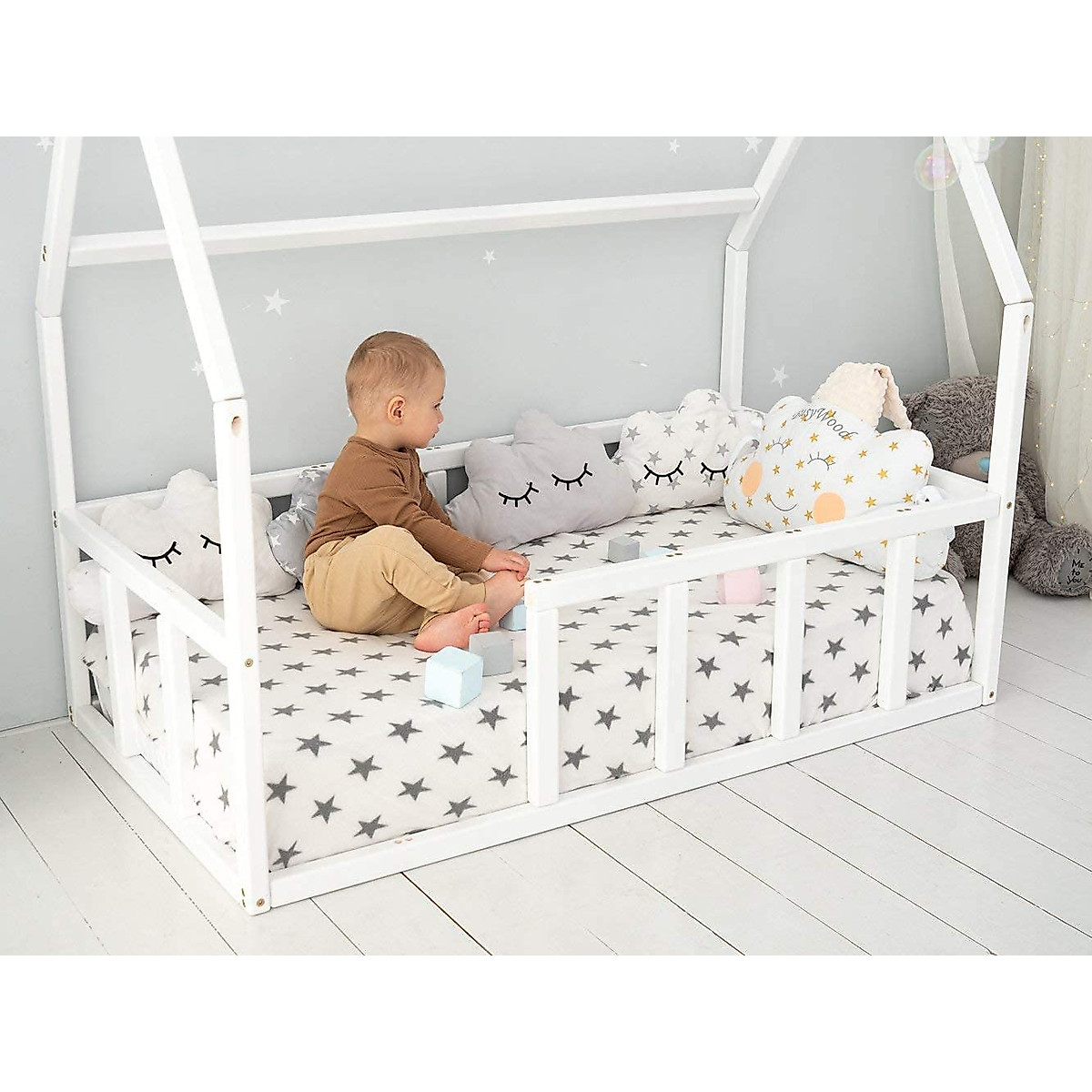 BUSYWOOD Toddler Floor Bed - Montessori Floor Bed with Rails - Floor Bed for Toddlers - Kids Floor Bed- House Kid Bed Frame - Floor Bed Frame Toddler (FOR SLEEPING ONLY)