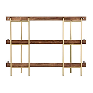 Martha Stewart Emmett 3 Shelf Storage Display Unit Bookcase with Metal, Set of 1, Walnut Wood Grain/Polished Brass Frame