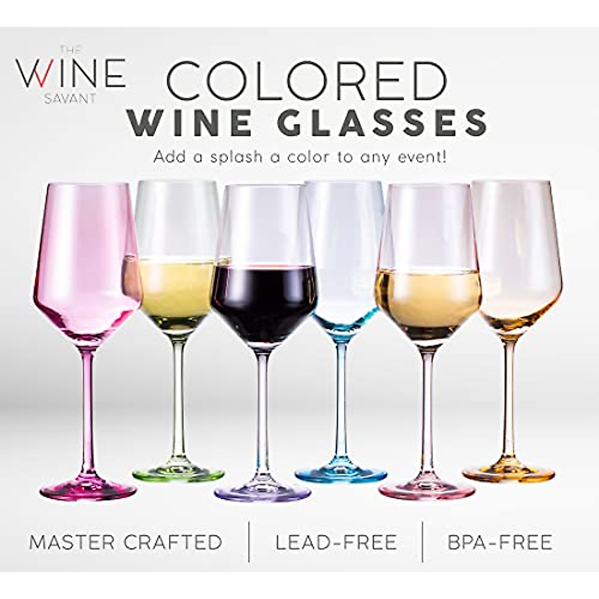 Colored Crystal Wine Glass Set of 6, Large 12 oz Glasses, Valentines Day Unique Italian Style Tall Stemmed Drinkware for Red & White Wine, Water Dinner Glasses, Color Beautiful Glassware - (Stemmed)