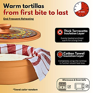 Mexican Terracotta Tortilla Warmer Thanksgiving, Authentic Terra Cotta Tortilla Holder w Warmer Cloth, Natural Clay Heater & Tortillero - Hold 8 inch Flour Tortillas, Warmer for Roti Bread Pancakes