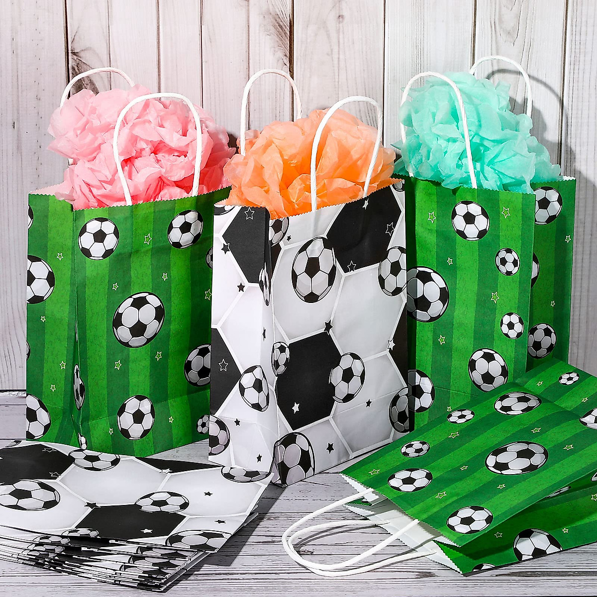 Outus 16 Pcs Soccer Goodie Bags Gift Bags Soccer Candy Bags Treat Bags Paper Soccer Party Favor Bags for Birthday Party Supplies