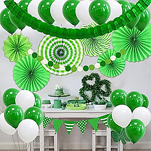 Green Party Decorations - Green Hanging Triangle Flags Banner Round Garland Four-Leaf Clover Garland Paper Fans Balloons for Men Women Birthday St Patrick's Day Decorations Graduation Baby Shower