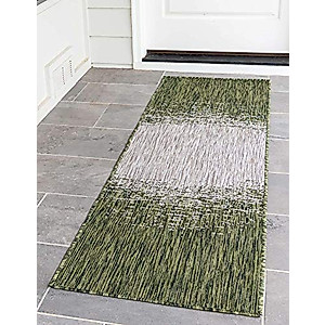 Unique Loom Modern Collection Gradient, Distressed, Vintage, Abstract, Indoor and Outdoor Area Rug, 2 ft x 6 ft, Green/Beige