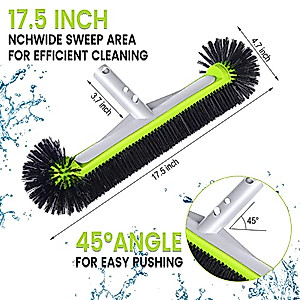 Swimming Pool Wall & Tile Brush, with Round Ends,17.5" Heavy Duty Aluminum Back Head for Cleans Walls, Tiles & Floors, 7 Rows Premium Nylon Bristles with EZ Clips (Green Black)