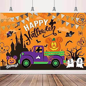YUNKELIU Cartoon Mouse Happy Halloween Backdrop, Mouse Halloween Theme Party Decorations Happy Halloween Backdrop Banner Halloween Party Decorations for Halloween Indoor Outdoor Party Supplies