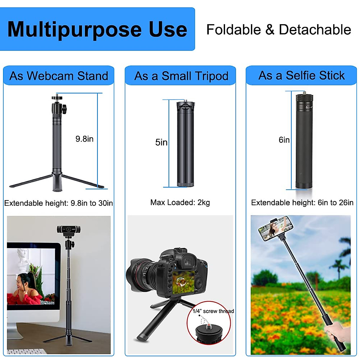 JCWINY 30" Tall Webcam Stand Tripod Extendable Desktop Tabletop Webcam Tripod Web Camera Mount Aluminum Desk Tripod Stand for Logitech Brio Webcam C925e C922x C930e C922 C930 C920 C615 iPhone Camera