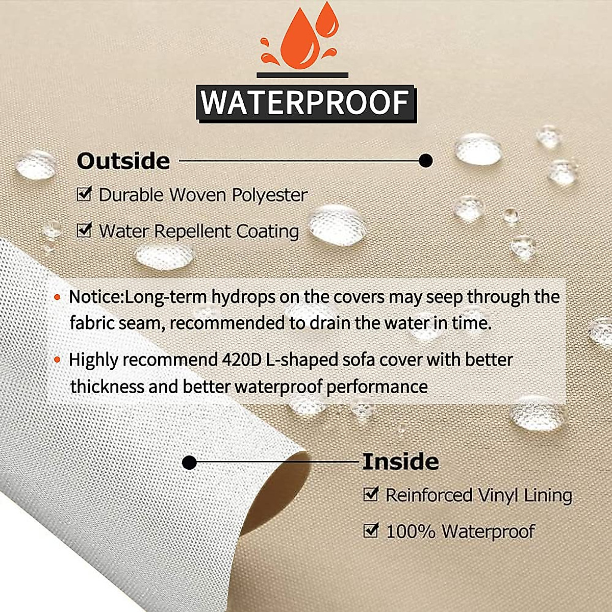 LBW Patio Furniture Cover L Shaped,58''WX85''L Outdoor Sectional Cover Waterproof,420D Veranda Garden Lounge Sectional Sofa Cover Right Facing with Air Vent and Strap,Beige&Coffee